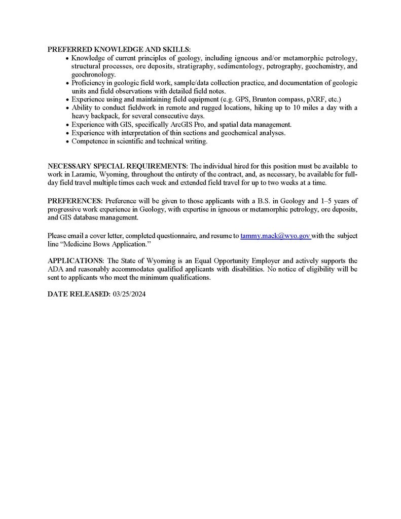 Contract Geologist Position at the Wyoming State Geological Survey ... Contract Geologist Position at the Wyoming State Geological Survey ...