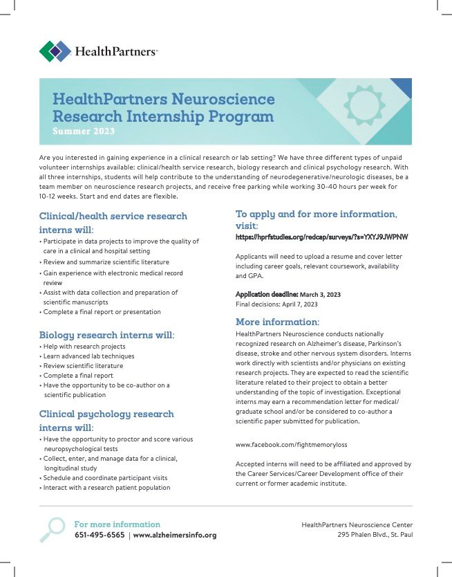 HealthPartners Neuroscience Research Internship Program – Neuroscience ...